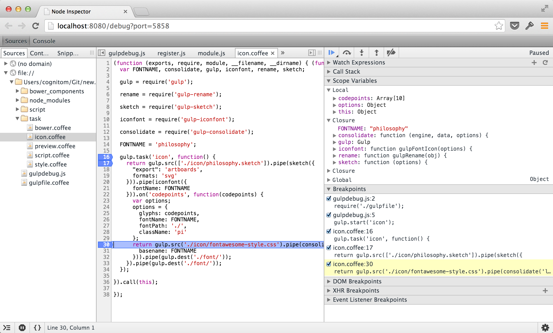 gulpfileを粛々とデバッグする方法 #node-inspector - Qiita