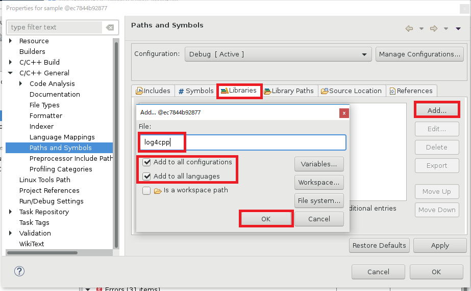 Eclipse CDT で log4cppのサンプルコードをデバッグしてみる #CentOS - Qiita