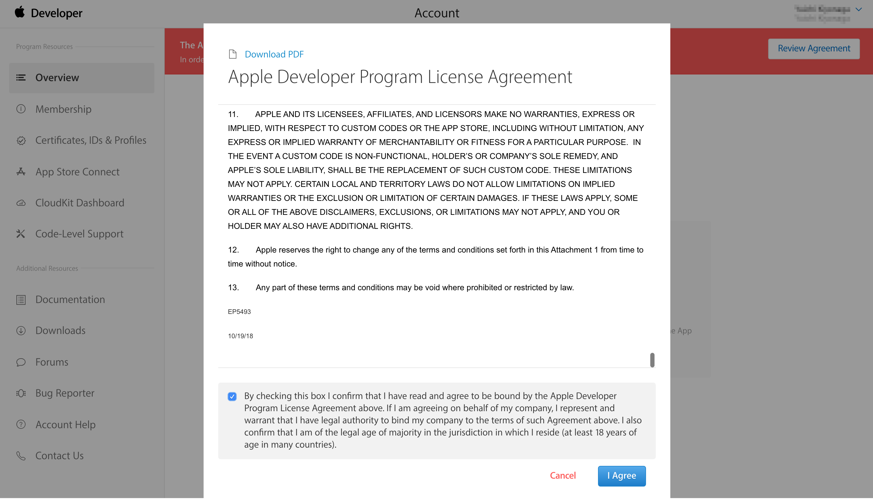 Xcode Signing CertificateでThe 'Apple Developer Program License Agreement' has been updated. In ...