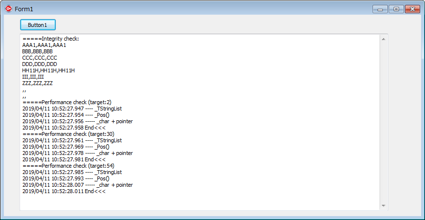C++ Builder XE4 > 文字列操作 > 文字列の抽出方法 3つの処理比較 > 1:TStringList使用 2:Pos()使用 3:charとポインタ操作 #cppBuilder ...