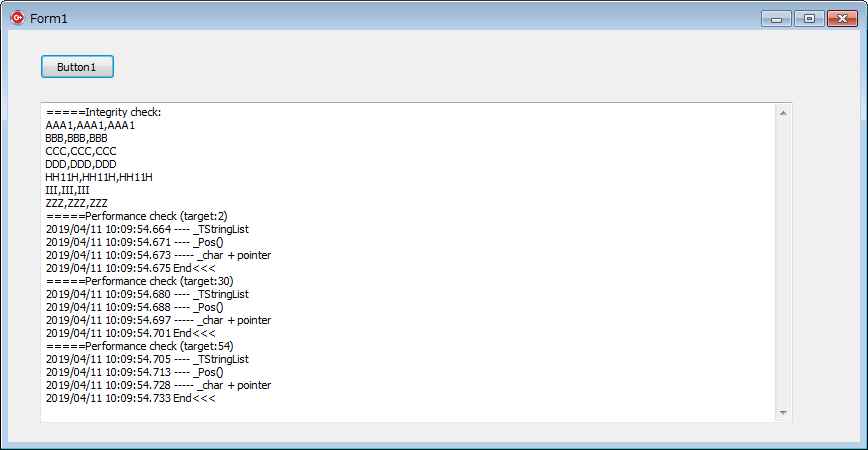 C++ Builder XE4 > 文字列操作 > 文字列の抽出方法 3つの処理比較 > 1:TStringList使用 2:Pos()使用 3:charとポインタ操作 #cppBuilder ...