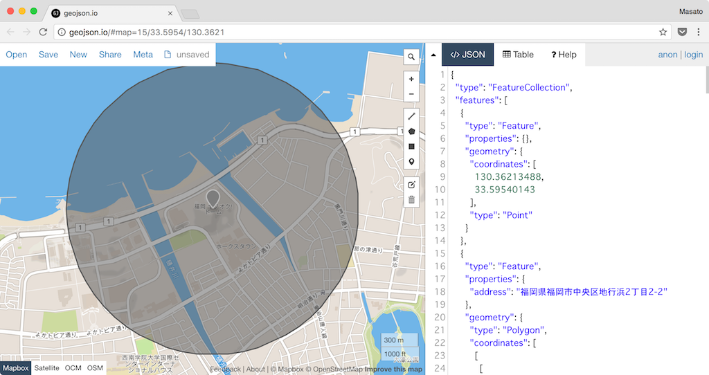 Yahoo!ジオコーダAPIとTurf.jsで住所からポリゴンを計算してgeojson.ioに描画する #YOLP - Qiita