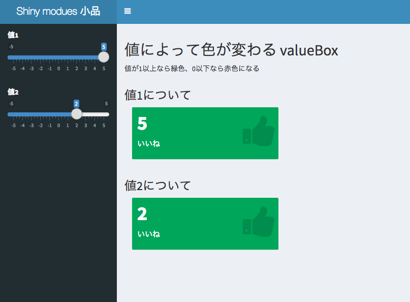 Shiny modules 小品 〜 値によって色が変わるvalueBox 〜 #R - Qiita
