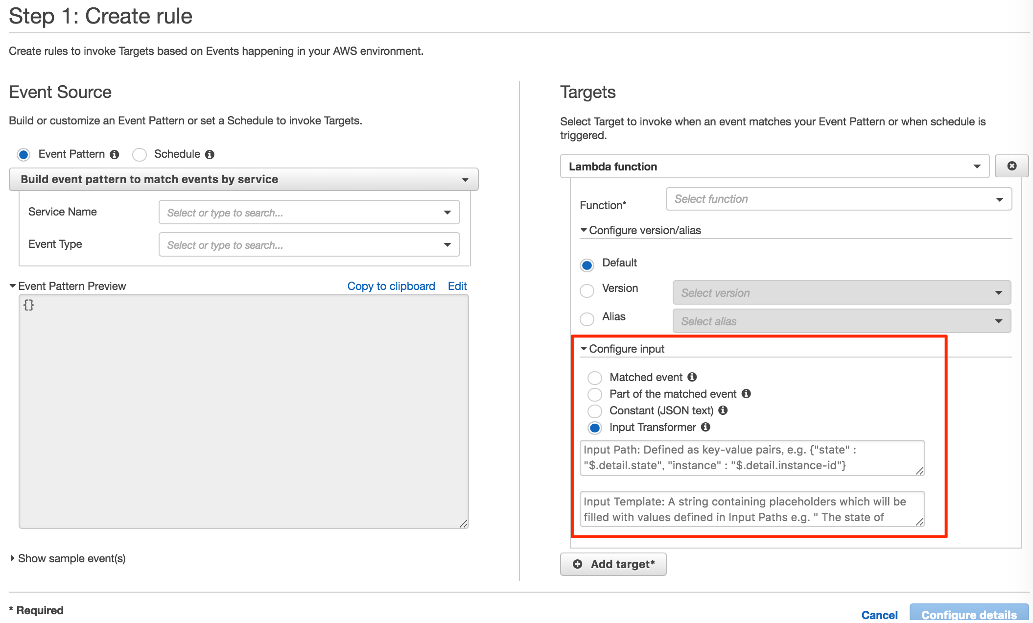 CloudWatch Event Rule Targets Configure input の種類 #lambda - Qiita
